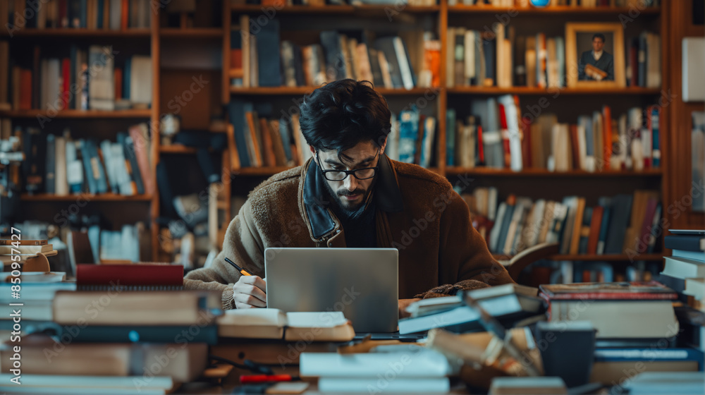 College Student Focused Man Studying in Library, Productive Learning ...