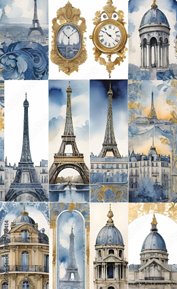 Mood board, illustration of a watercolor collage with French motifs and ...