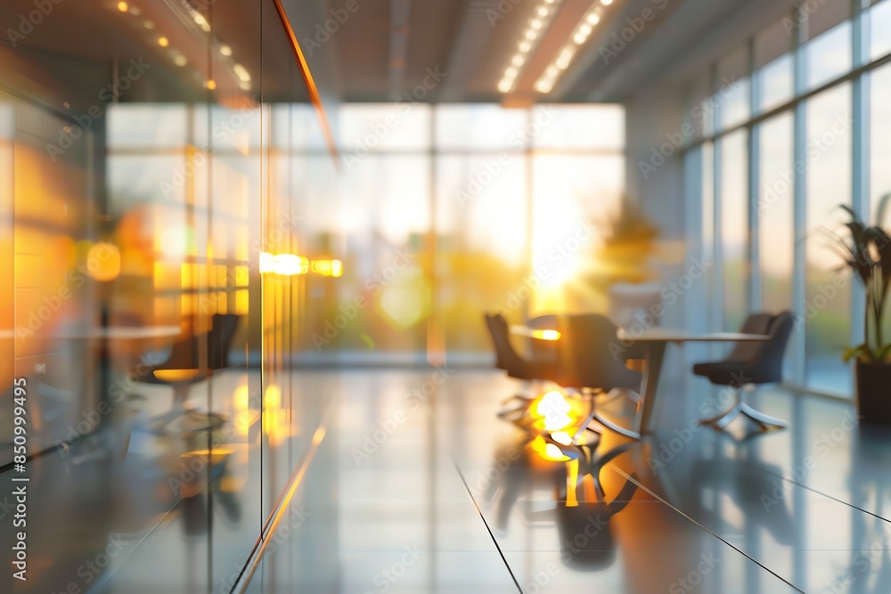 Blurry office interior with strategic lighting and panoramic windows ...