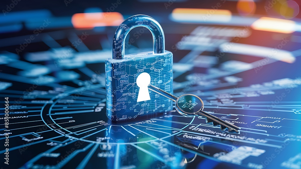 Digital lock and key over network diagram symbolizing cybersecurity ...