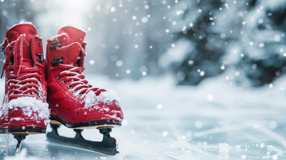 A pair of red ice skates with laces stands on a frozen surface, covered ...