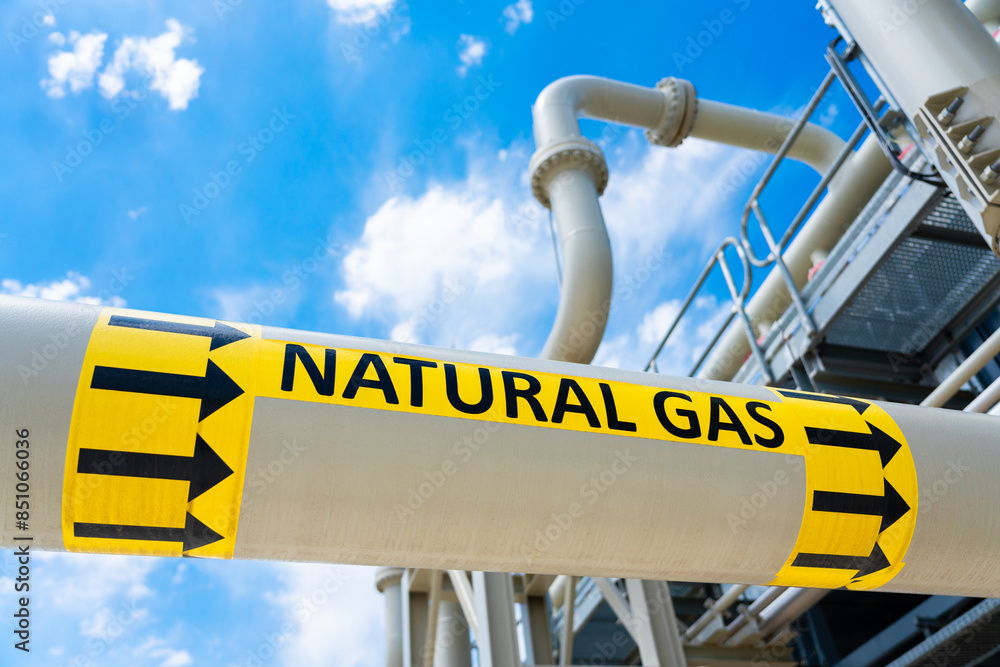High pressure gas pipeline with flow direction sign at compressor ...