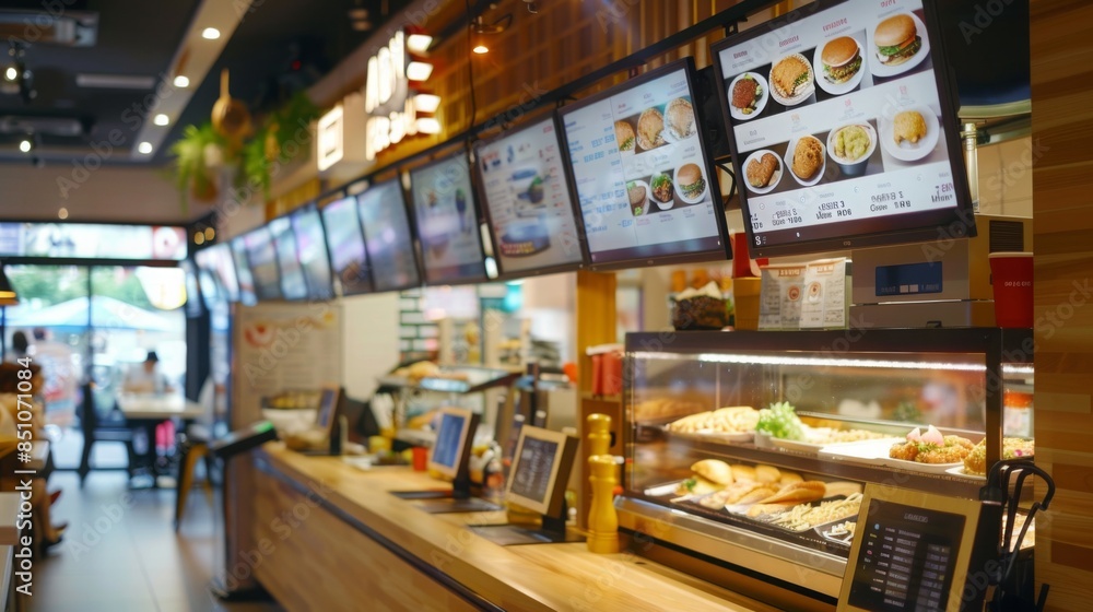Fast food restaurant counter with digital menu displays for food ...