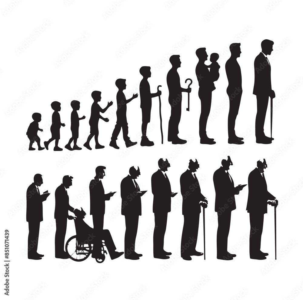 Vektor Human in different ages. Silhouette profile of male and female ...