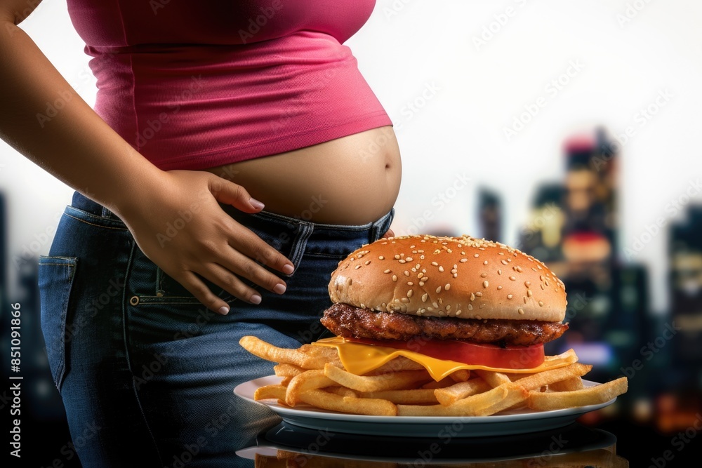 Weighty issue - woman with big belly, fat waist, overweight problem ...