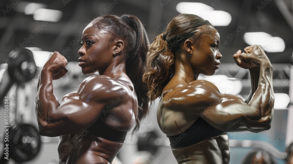 Two women bodybuilders flex their muscles in a gym, showing off their ...