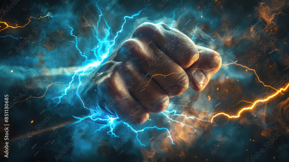 a clenched fist enveloped by electric blue lightning, powerful and ...