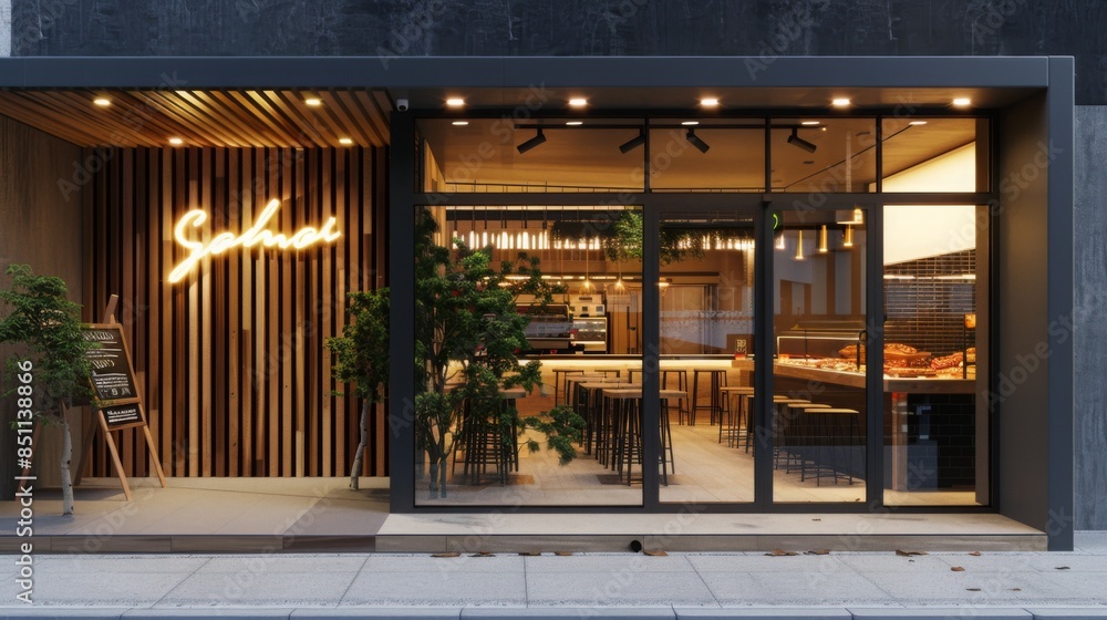 A modern bakery storefront with a lit sign and large windows showcasing ...