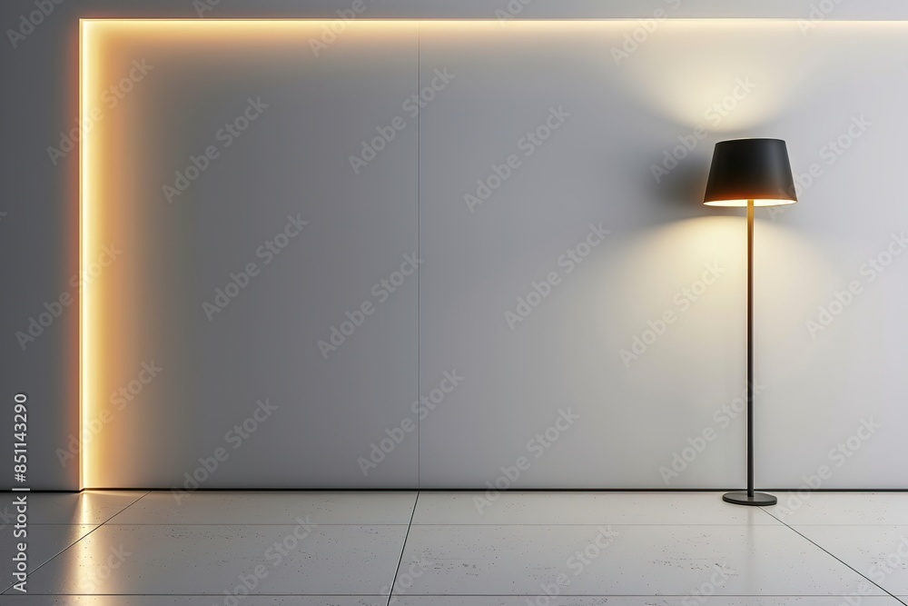 Minimalist plain white wall with LED lighting strips on the left and ...