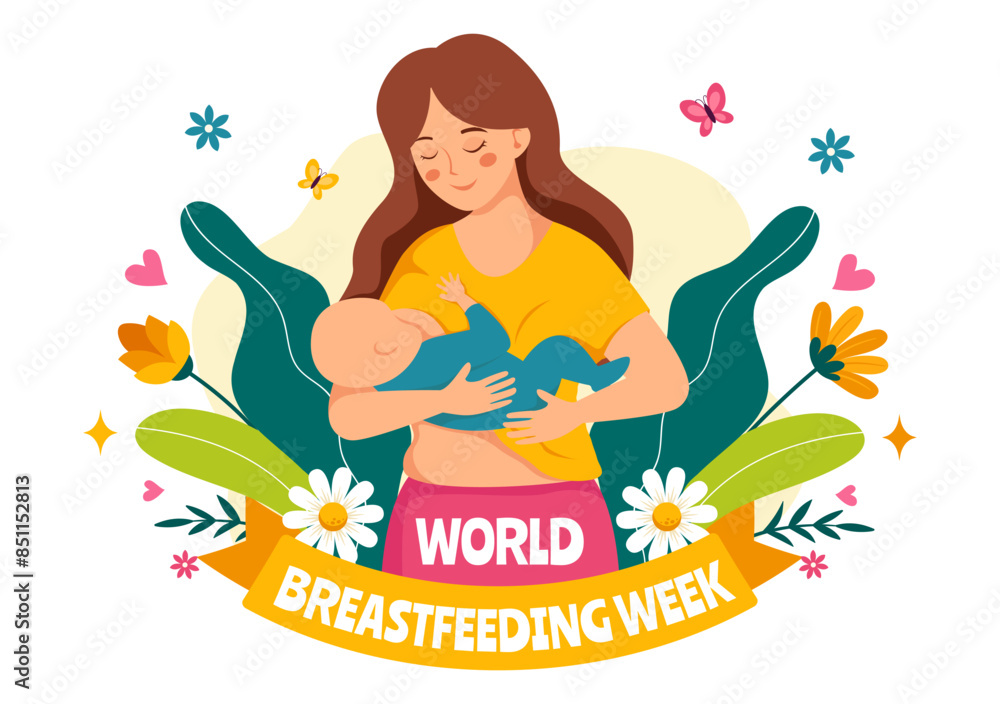 World Breastfeeding Week Vector Illustration, Depiction of Baby Feeding ...