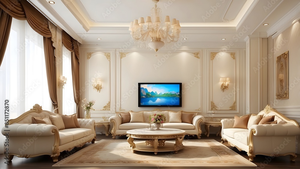 Royal luxury living room interior design with TV, cream color interior ...