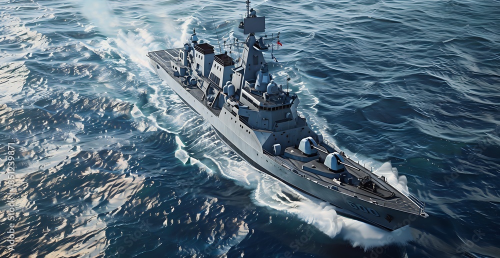 Modern Gray Warship Sailing Amidst Rough Sea with Guns and Missiles ...