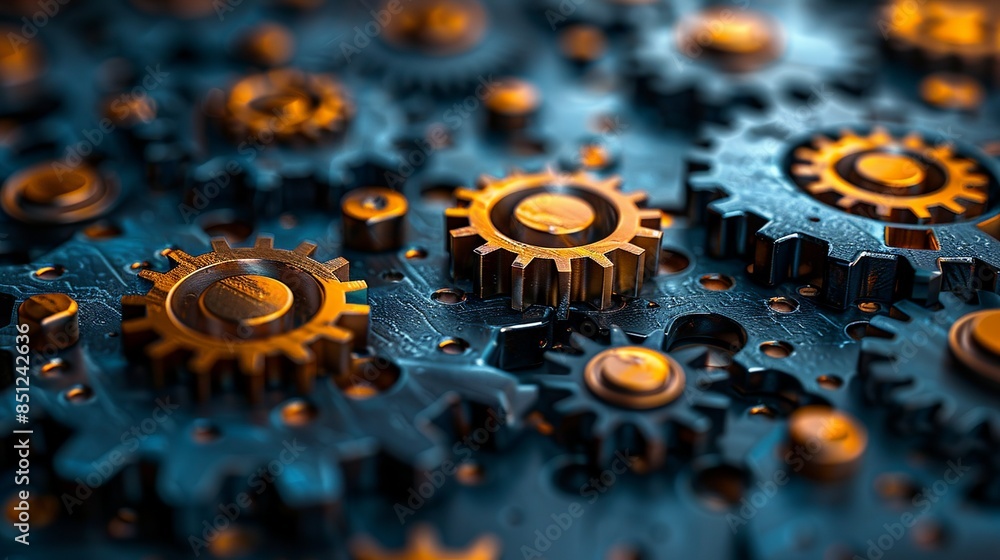Interlocking gears and cogs form a mechanical backdrop, hinting at ...