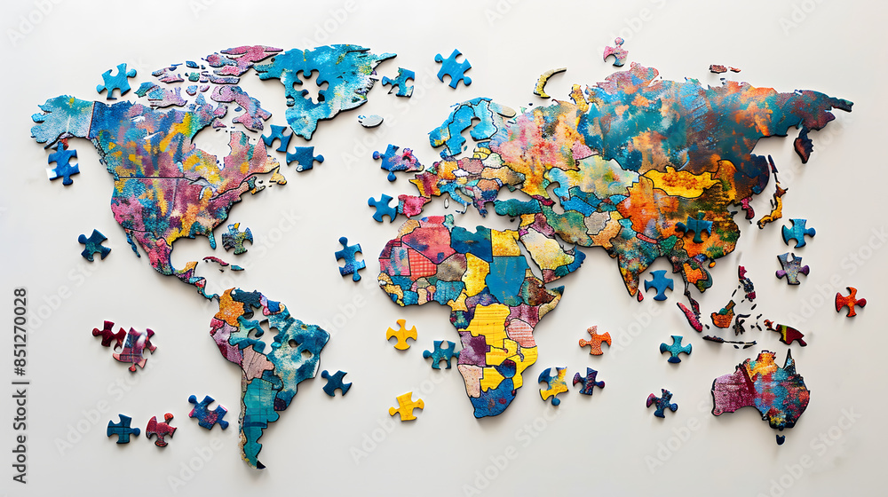 colorful world map puzzle with some pieces missing, laid out on flat ...