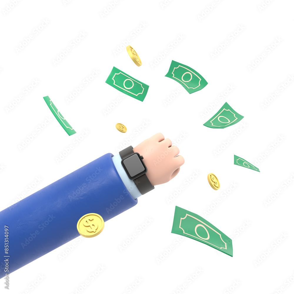 3d cartoon render man arm with hand watch or alarm clock and flying ...