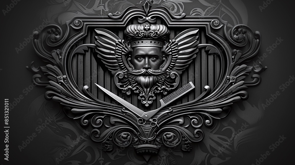 Razor, scissor and comb with pole emblem background concept. Barbershop ...