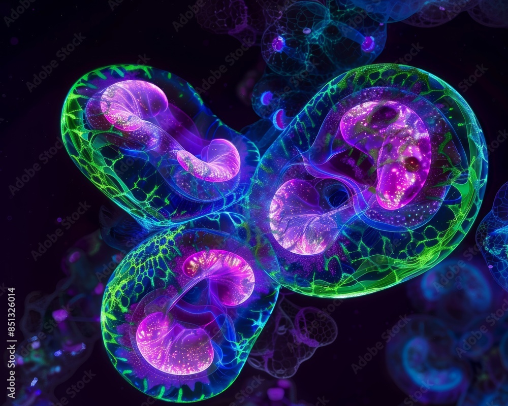A vibrant depiction of the fluorescent cell division process ...