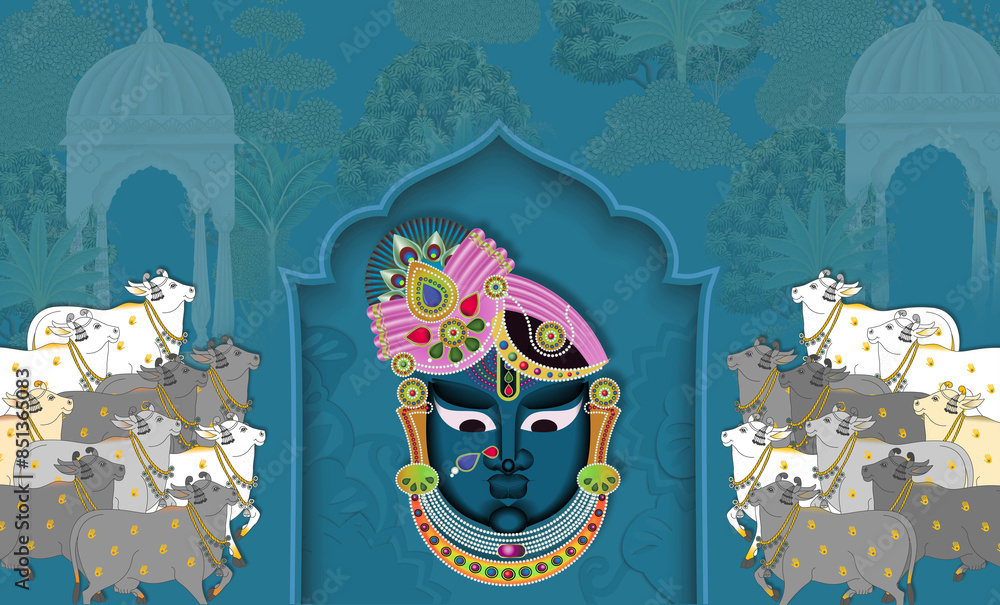 illustration of Lord Shreenathji Pichwai Painting with Cow pattern ...