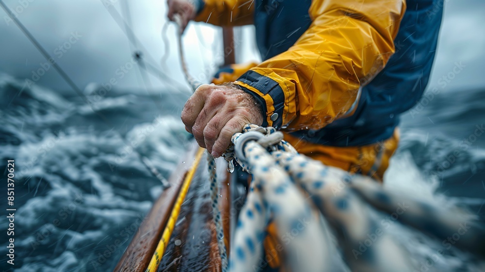 A close-up of a sailors hand expertly adjusting the ropes. The sailor ...