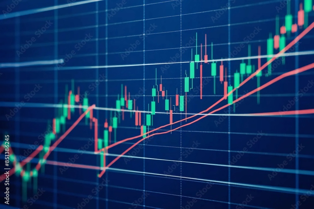 Uptrend candlestick chart on a blue monitor, highlighting green and red ...