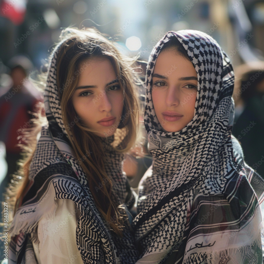 two middle eastern arabic female models, wearing traditional ...