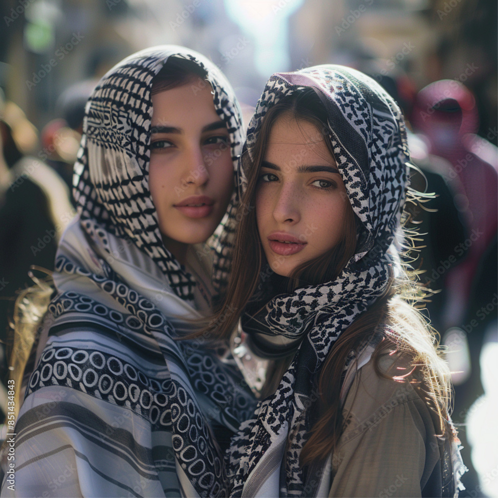 two middle eastern arabic female models, wearing traditional ...