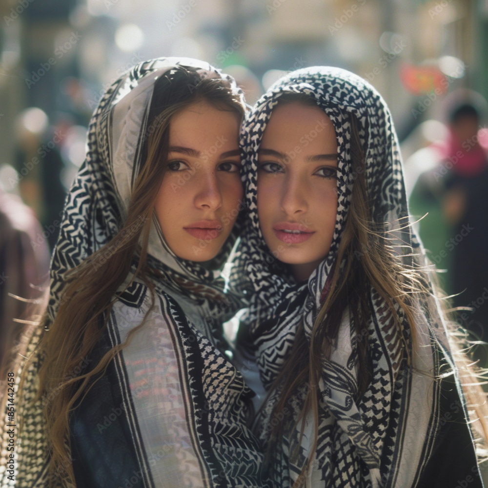 two middle eastern arabic female models, wearing traditional ...