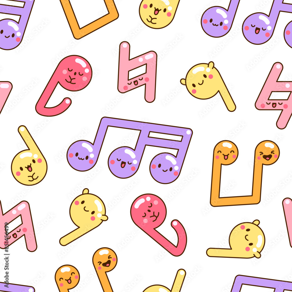 Cute kawaii music notes. Seamless pattern. Funny cartoon character ...