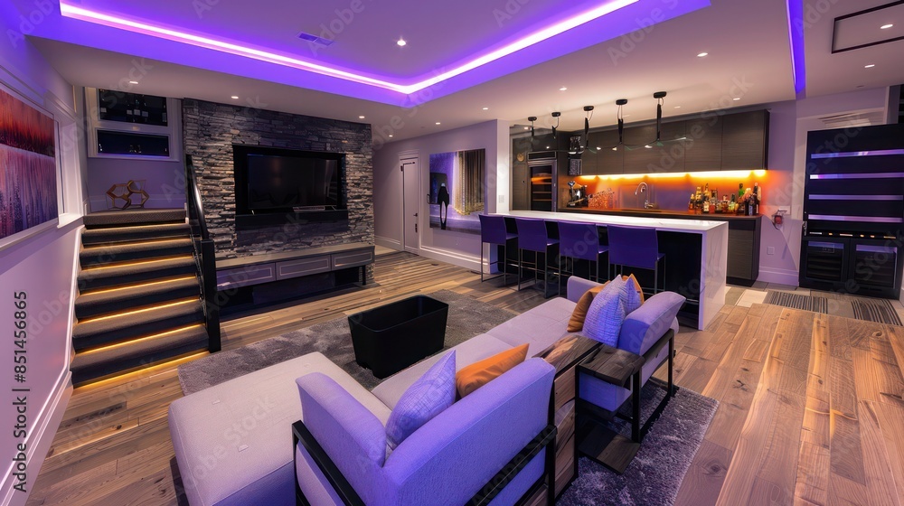 contemporary basement remodel featuring a bar area, lounge seating, and ...