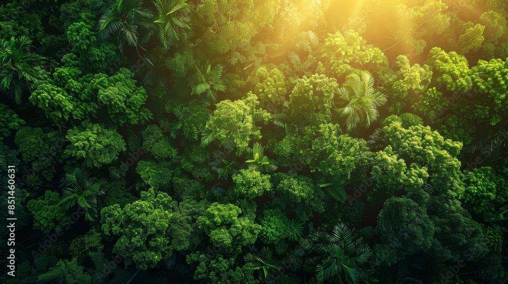 An aerial view of a lush green forest with sunlight filtering through ...
