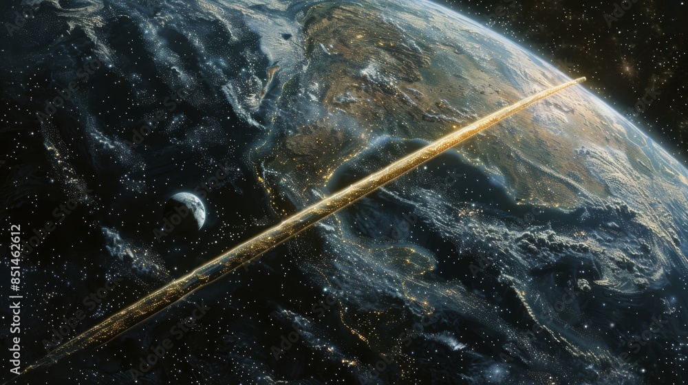 An artistic rendering of Earth's axis, depicted as a golden rod ...