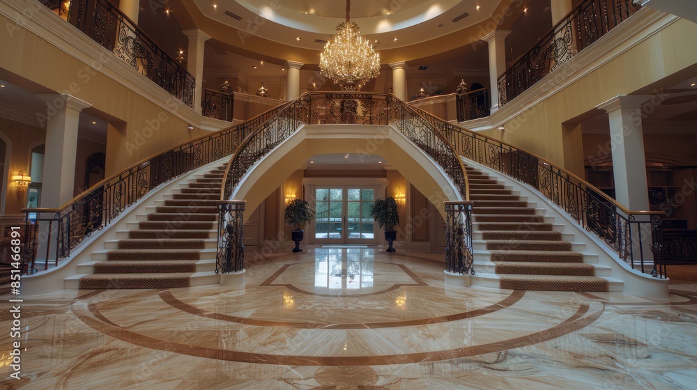 grand foyer with a double staircase, marble floors, and a dramatic ...