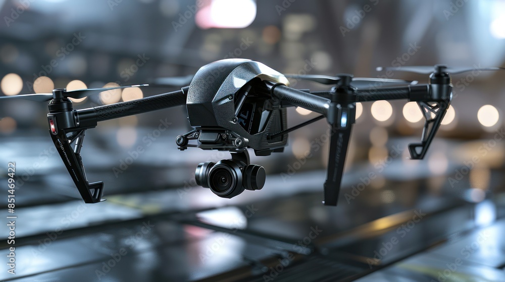 High-tech drone with a camera flying indoors. Focused on capturing ...