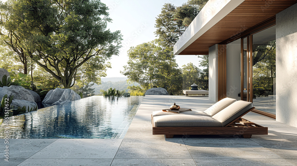 Beautiful, modern swimming pool with sun loungers. The concept of ...