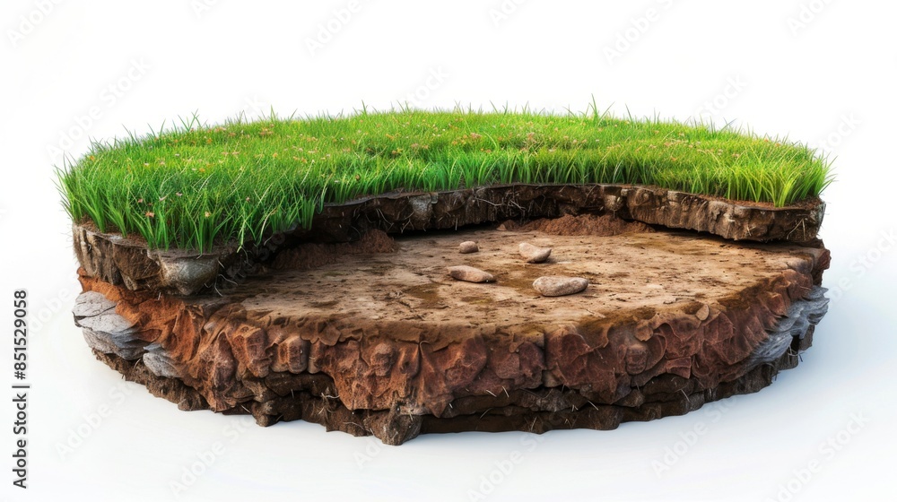 Round cross section of soil ground with green grass and earth ground ...