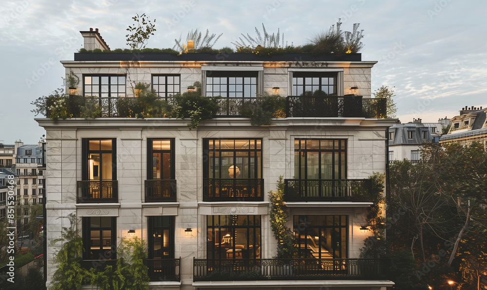 French neoclassical architecture. Big old house with stone facade and ...