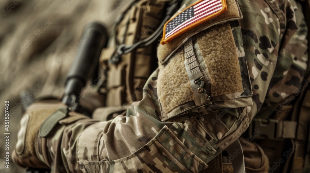Element of a military uniform, visible soldier's arm with the US flag ...