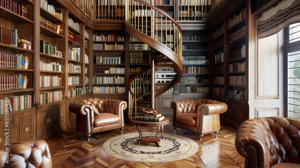 sophisticated home library with two-story bookshelves, a spiral staircase, and classic leather ...