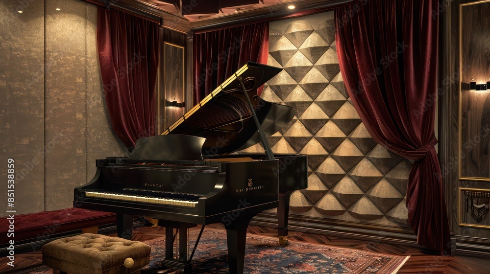 sophisticated music room with a grand piano, velvet drapes, and custom ...