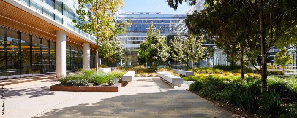 A modern office park with greenery, contemporary buildings, and ...