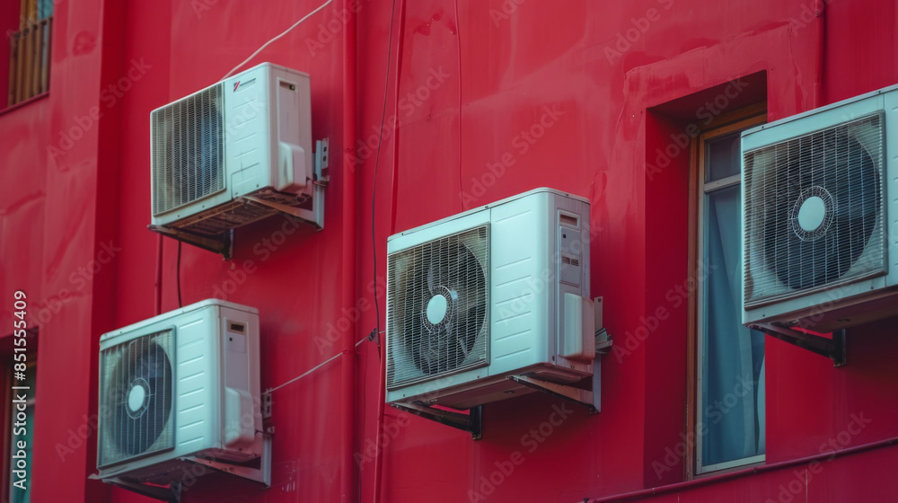 Several air conditioning units mounted on a bright red wall of a ...