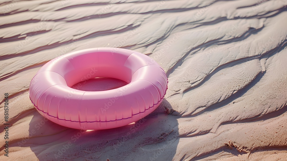 Pink inflatable ring on sandy beach, illuminated by sunlight, capturing ...
