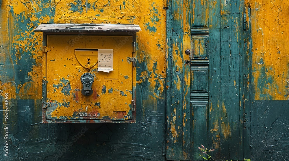 A weathered mailbox painted in sunshine yellow, standing as a nostalgic ...