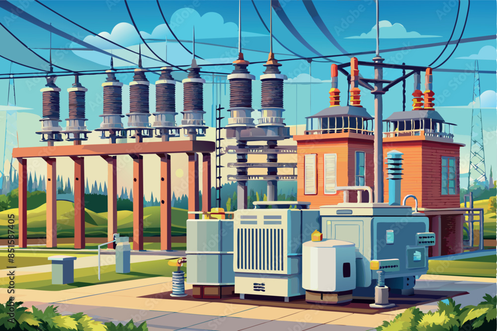 electrical substation. High-voltage insulators, transformers and power ...