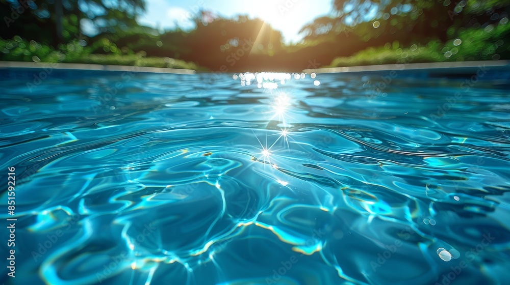 Shimmering swimming pool water surface in sunlight with sun rays and ...