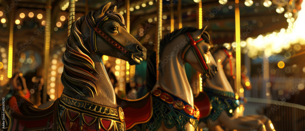 Detailed, beautifully ornate carousel horses gleam under sparkling ...