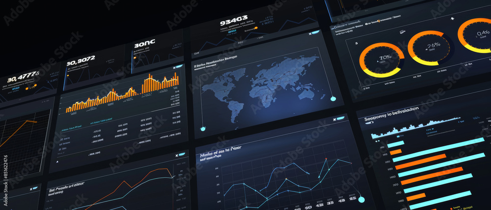 A high-tech dashboard with various graphs and world maps on multiple screens represents a ...