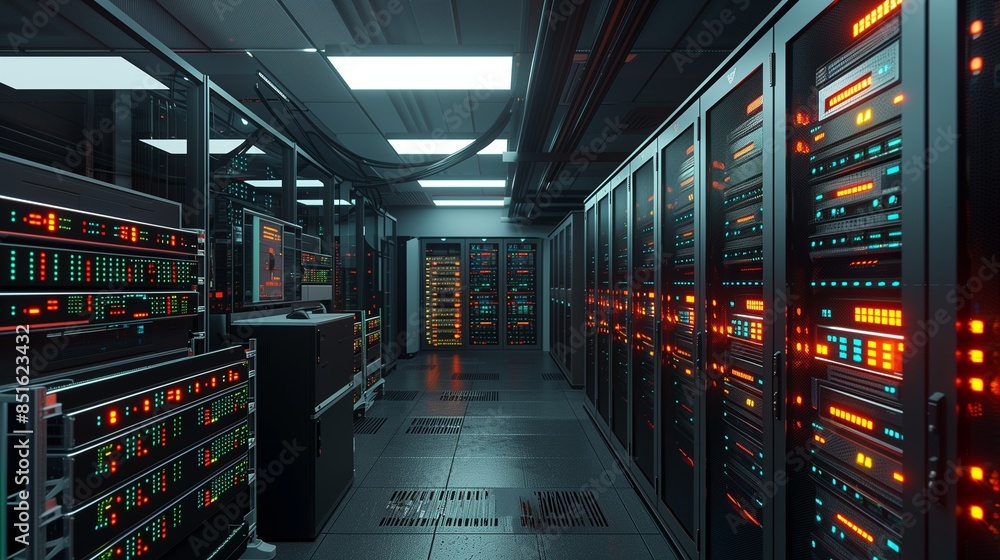 A tech companya??s server room with rows of server racks, LED status ...