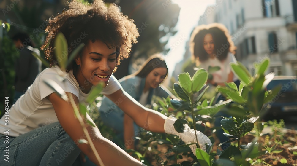 Teenagers gardening together in an urban community, fostering teamwork ...