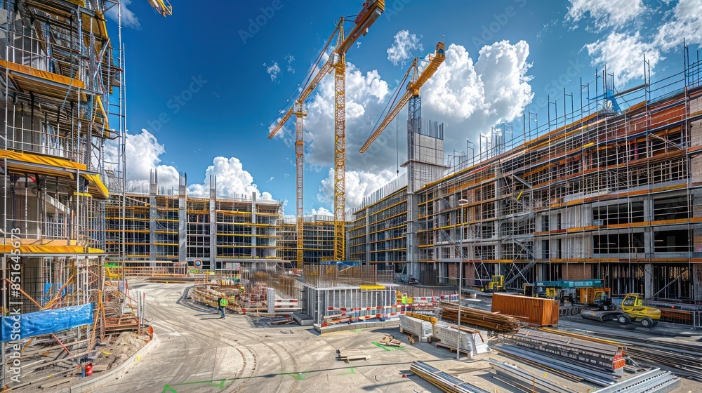 wide-angle view of a large commercial building under construction with ...